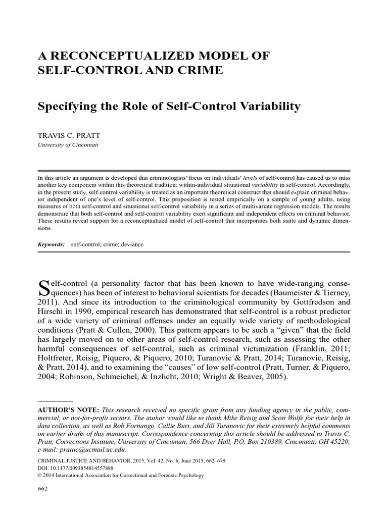 Pratt, T. A Reconceptualized Model of Self-Control and Crime. Specifying The Role of Self ...