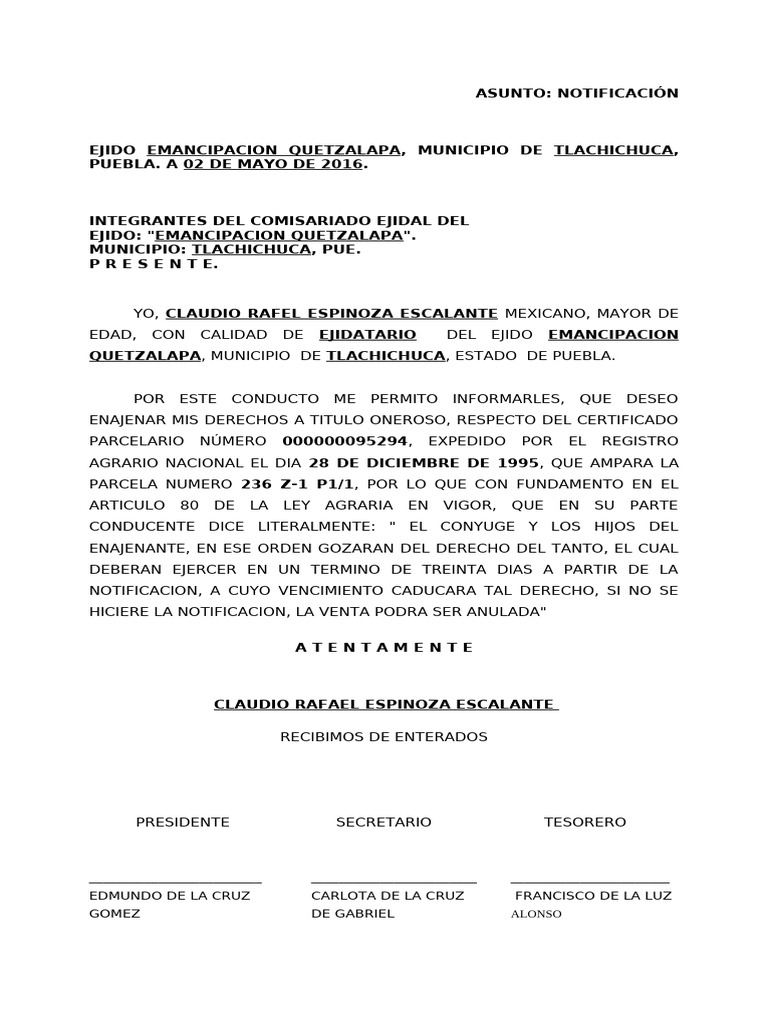 Notificaciones Al Comisariado y Derecho Del Tanto | PDF