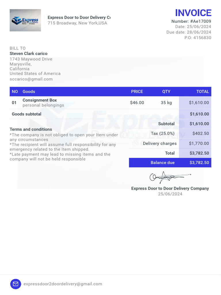 Invoice for Door to Door Delivery Service | PDF