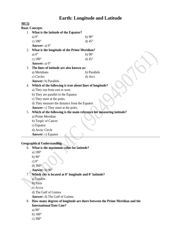 OLympiad Earth Longitude and Latitude | PDF | Latitude | Equator