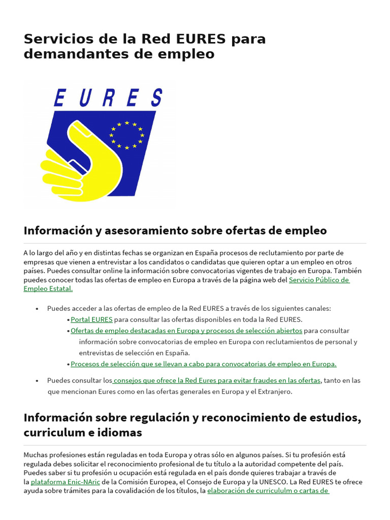 Servicios de La Red EURES para Demandantes de Empleo | PDF | Empleo ...