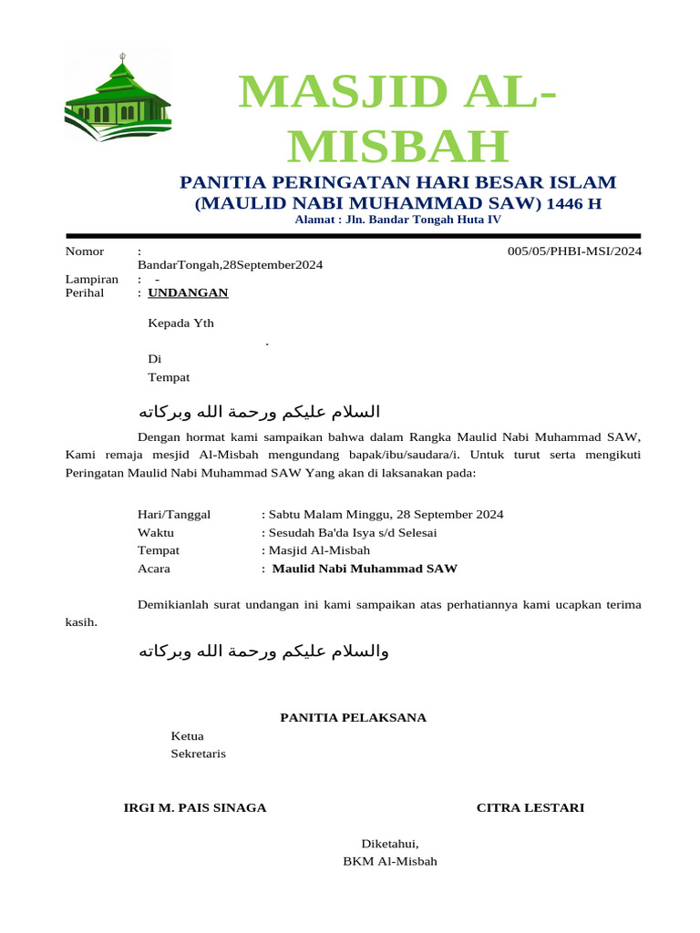 Undangan Maulid Nabi di Masjid Al-Misbah | PDF