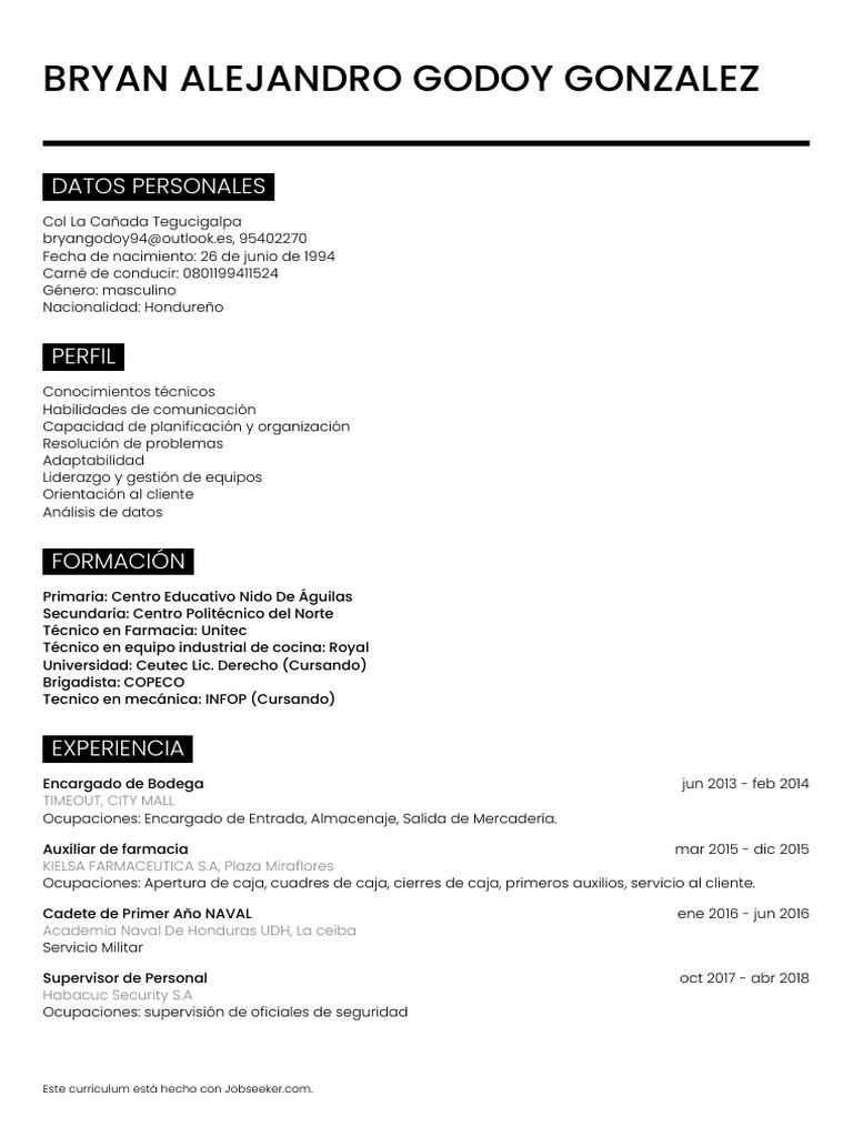 CV Bryan Alejandro Godoy Gonzalez | PDF | Honduras
