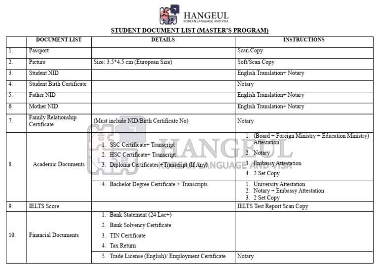 STUDENT DOCUMENT LIST Masters Program | PDF