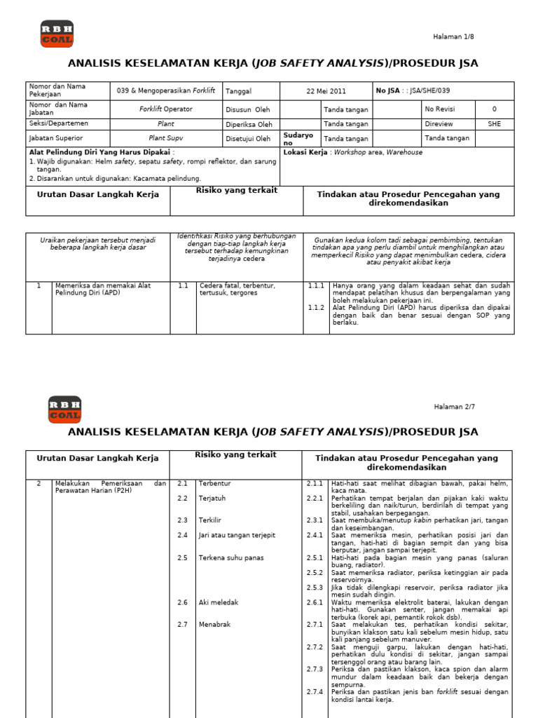 JSA Mengoperasikan Forklift | PDF