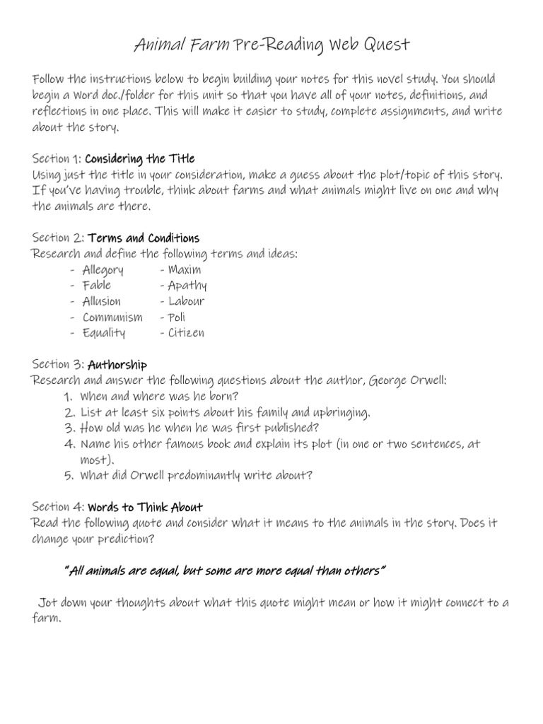 Animal Farm Pre Reading Web Quest PDF | PDF