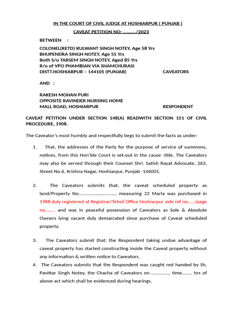 Caveat Petition for Property Dispute | PDF | Injunction | Public Law