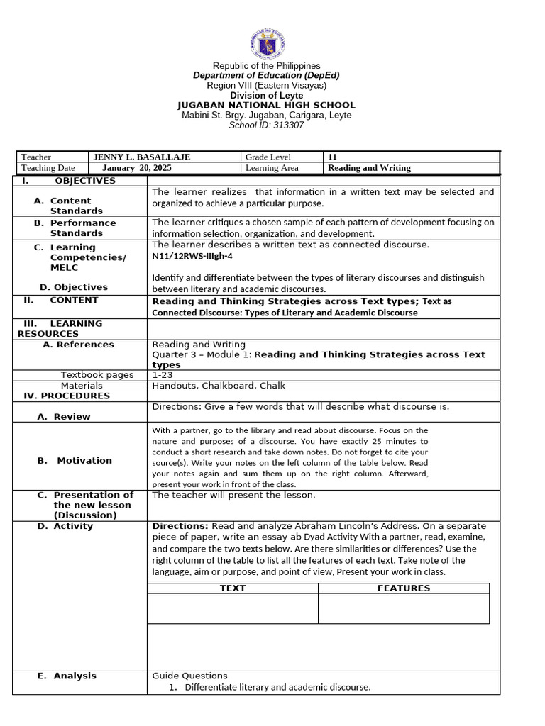 W3 LP Reading and Writing Connected Discourse | PDF | Essays | Learning