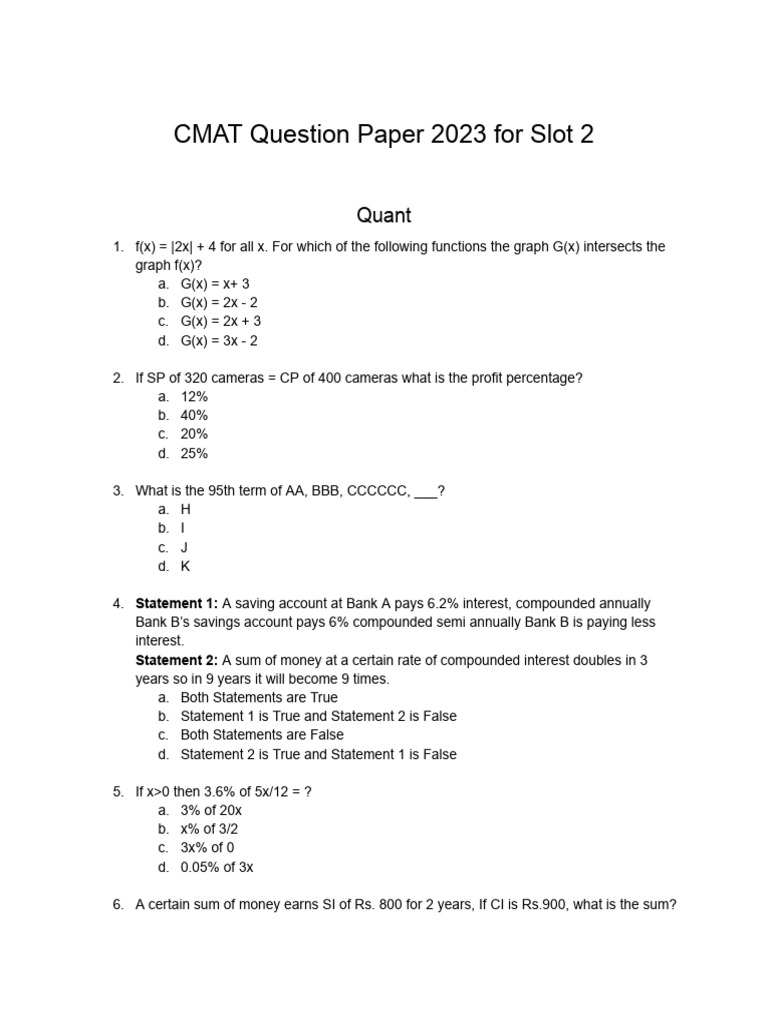 Cmat Question Paper 2023 For Slot 2 PDF Download | PDF
