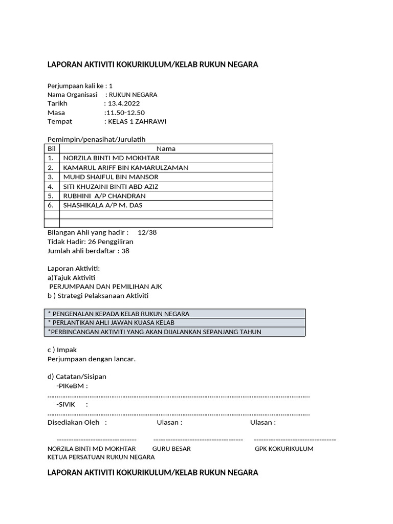Laporan Aktiviti Kokurikulum Rukun Negara | PDF