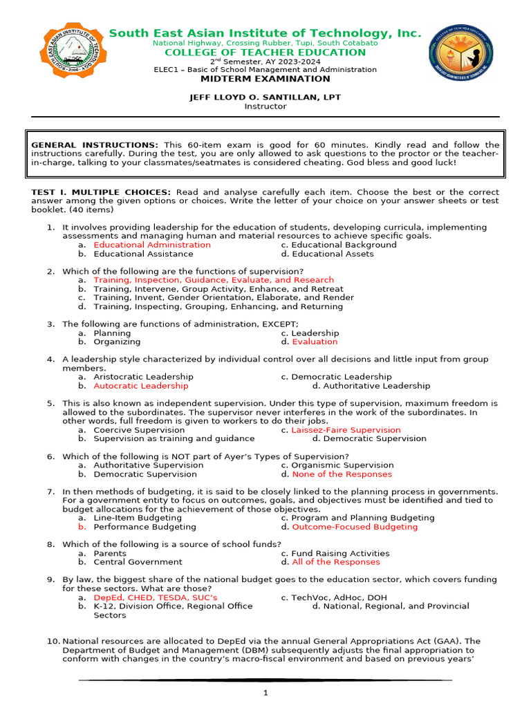 Elec1 - Midterm Exam Ay 2022-2023 | PDF | Budget | Leadership