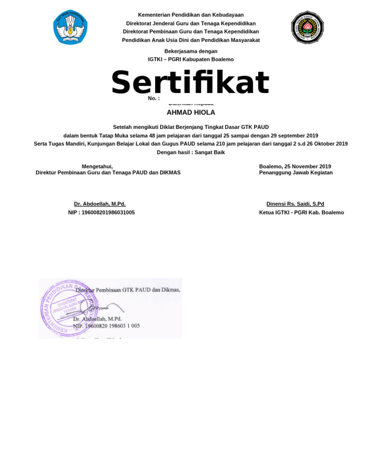 Sertifikat Diklat PAUD Ahmad Hiola | PDF