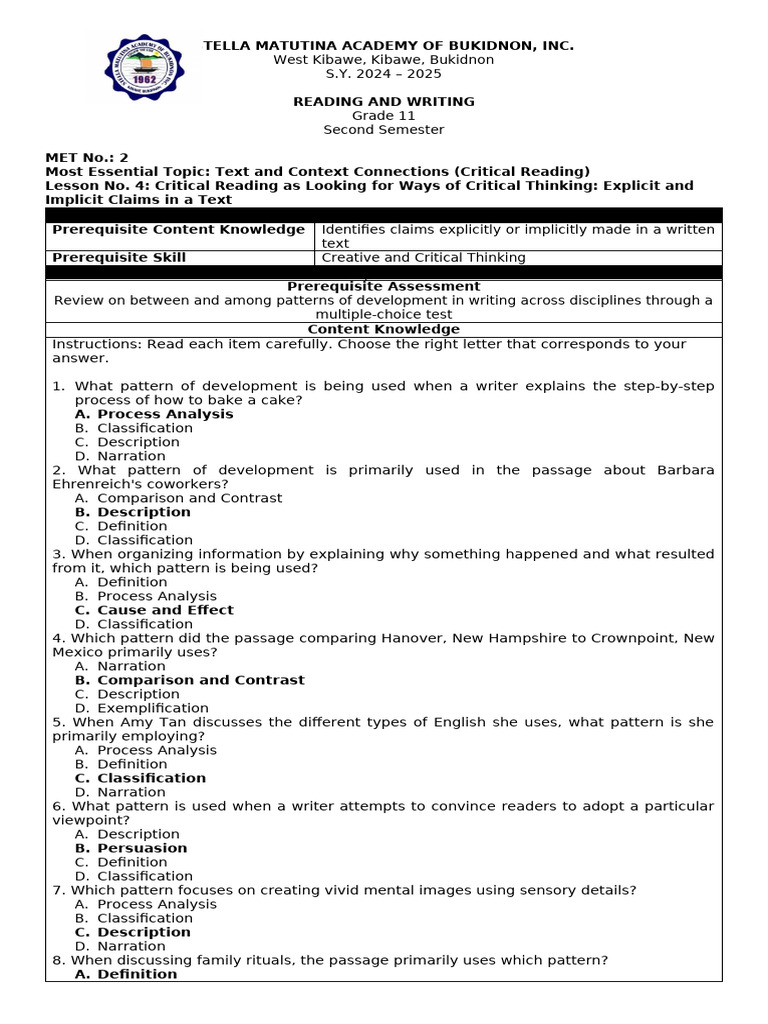 Atg Met 2 1.4 Reading and Writing | PDF | Argument | Learning
