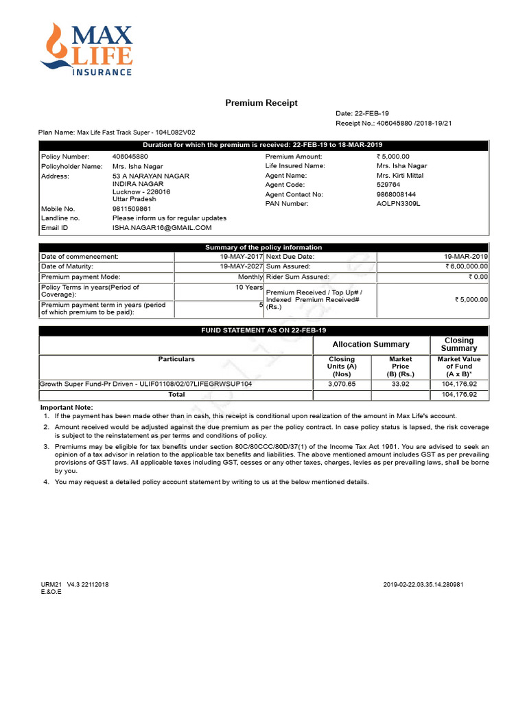 Premium receipt | PDF | Insurance | Taxes