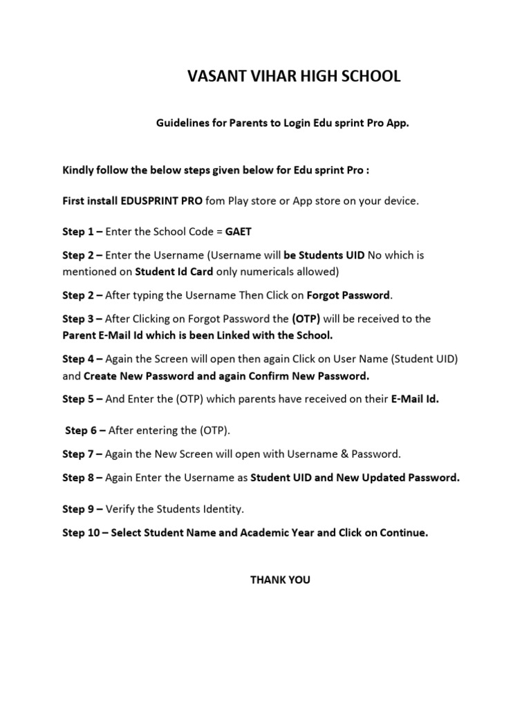 EduSprint Pro Login Guide for Parents | PDF