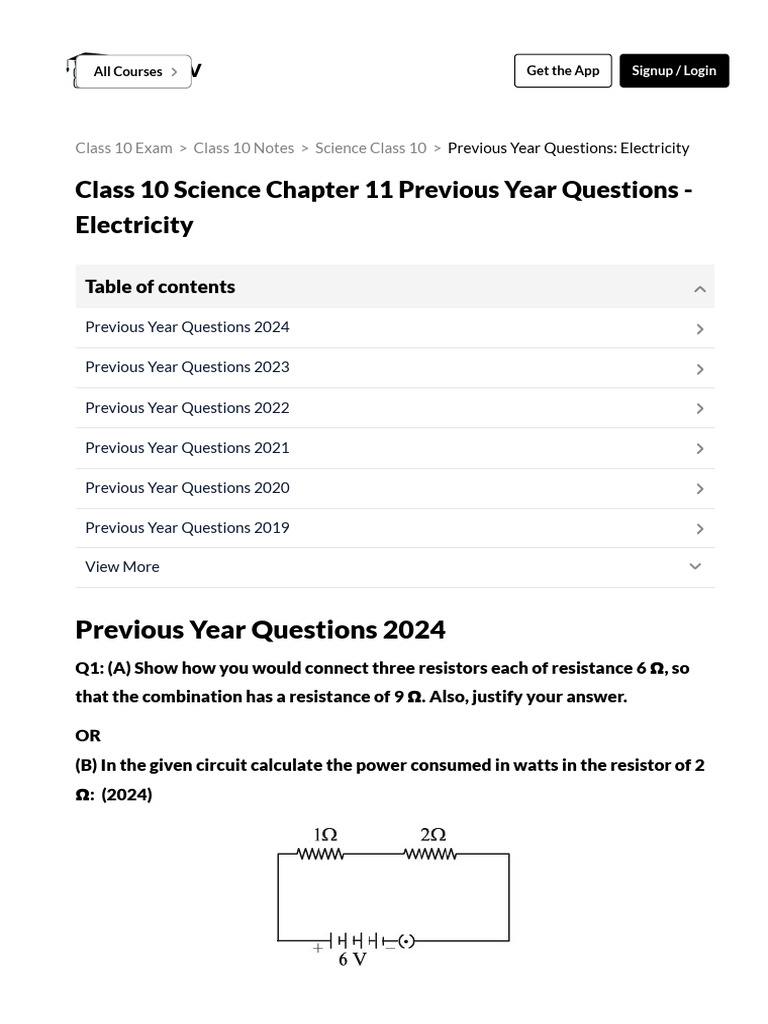 Class 10 Electricity Previous Year Questions | PDF | Electrical ...