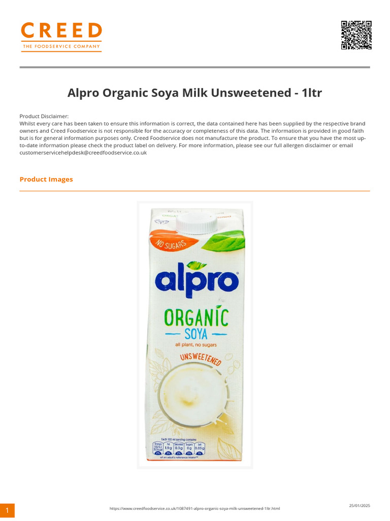 Alpro Organic Soya Milk Unsweetened 1ltr | PDF | Soybean | Diet (Nutrition)
