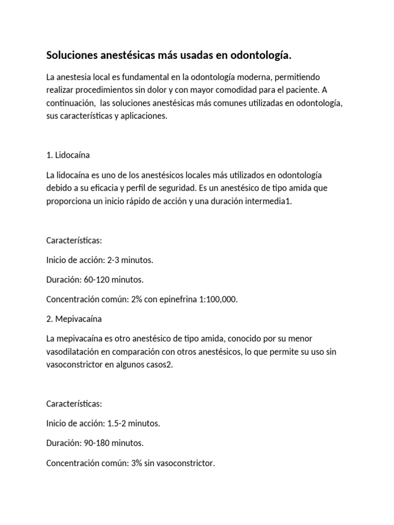 Soluciones Anestésicas Más Usadas en Odontología | PDF