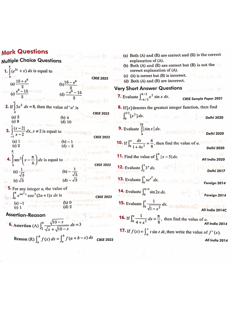 Maths Practice Questions (Definite Integration) | PDF
