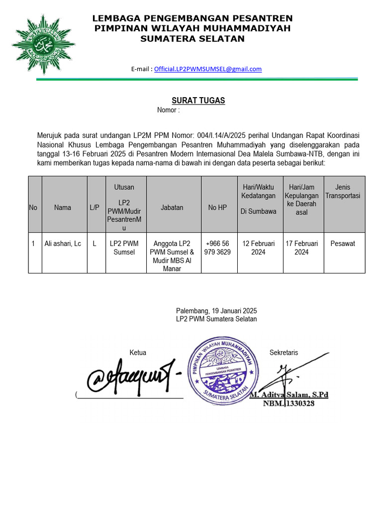 SURAT TUGAS LP2 PWM SUMSEL - RAKORNASUS | PDF