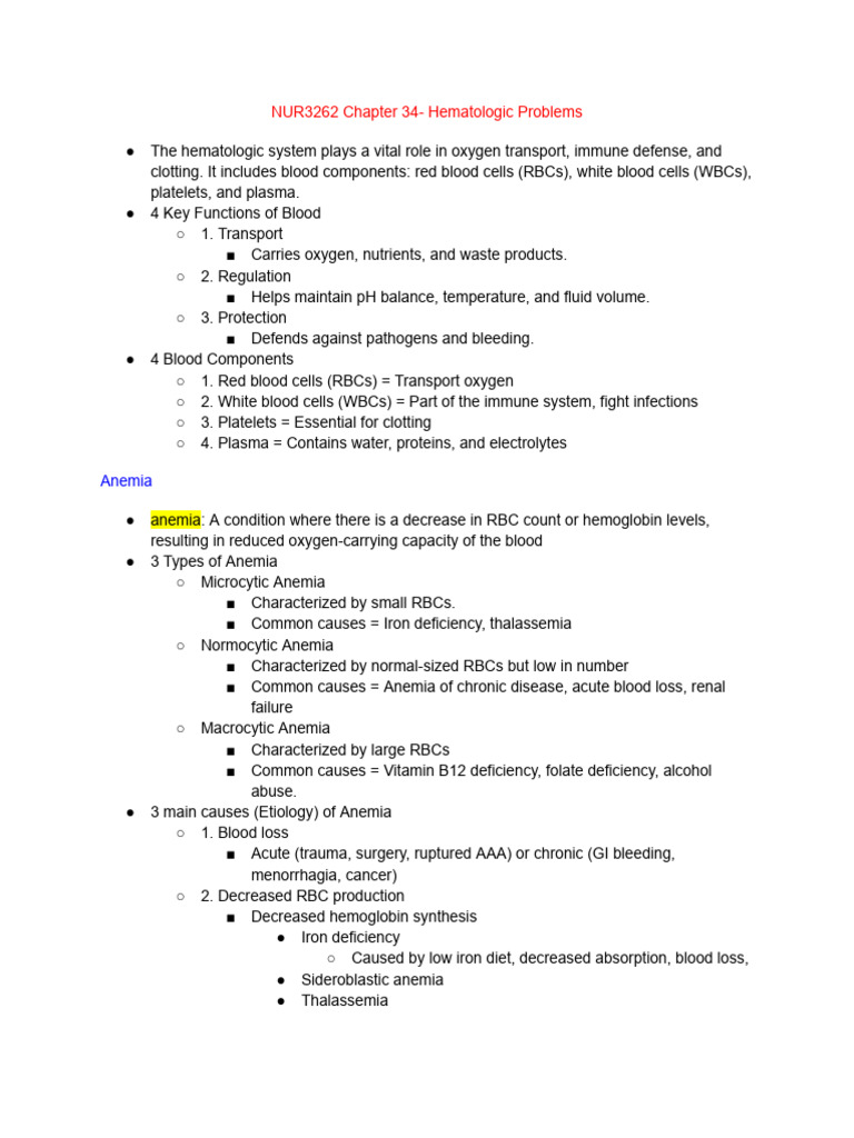 NUR3262 Chapter 34 - Hematologic Problems | PDF | Anemia | Spleen