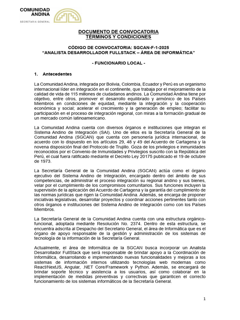 TDR 2025 Desarrollador Analista Programador b1755d4516 | PDF | Mi sql | Comunidad andina