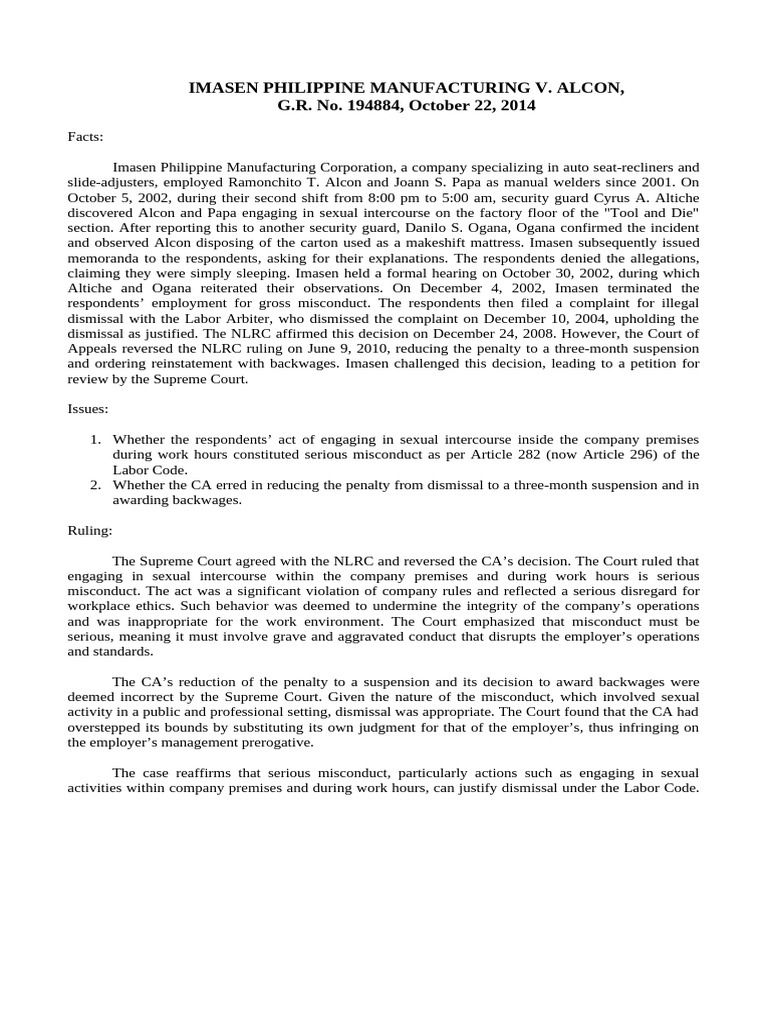 IMASEN PHILIPPINE MANUFACTURING V. ALCON, | PDF | Employment | Supreme ...