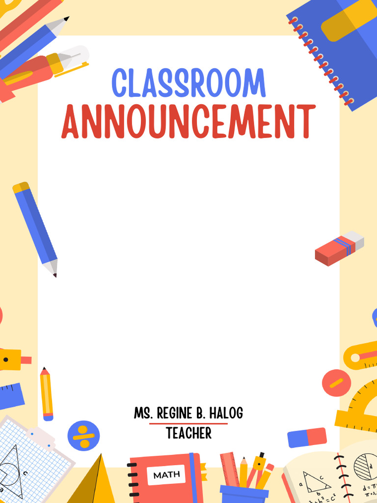 Yellow & Red Colorful Illustrative Classroom Announcement Poster | PDF
