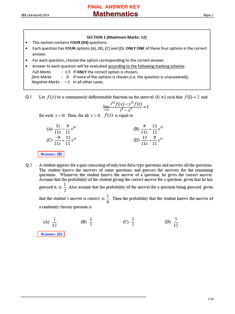 JEE Advanced Paper1 and Paper2 English 2024 With Final Keys | PDF | Metrology | Physical Quantities