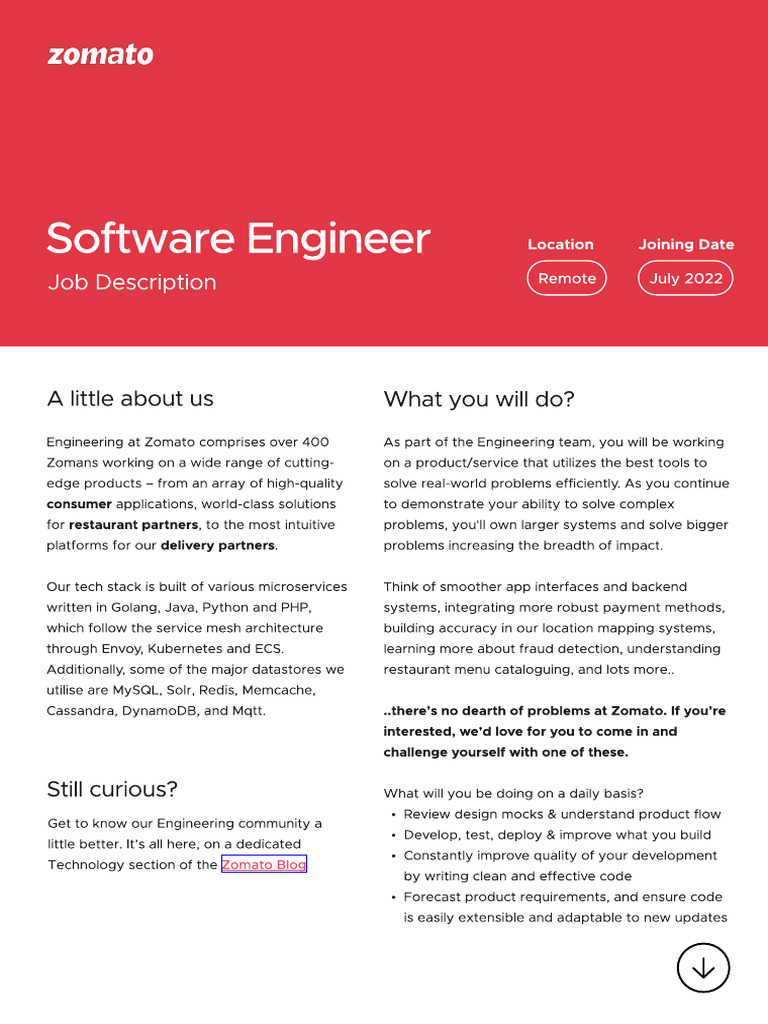 Zomato_Software Engineer JD | PDF | Computer Programming | Computing
