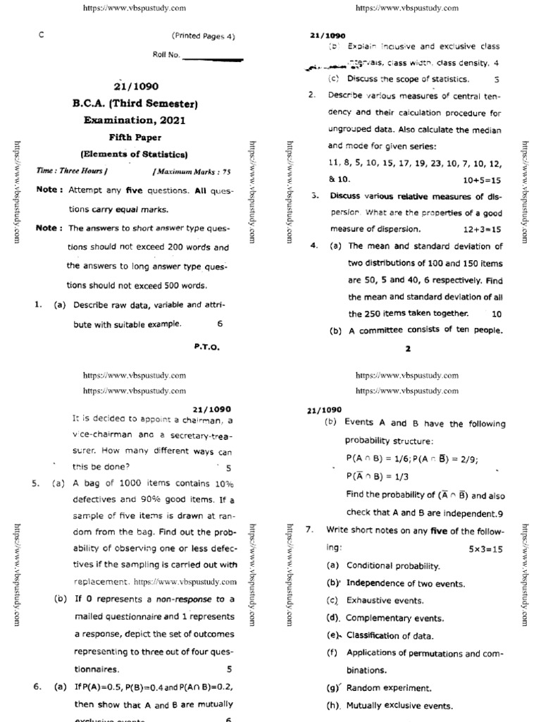 Bca 3 Sem Elements of Statistics 1090 2021 | PDF