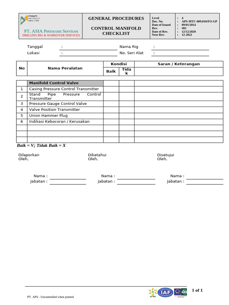 009.010.FO-GP Control Manifold Checklist (Mingguan) - Rev02 | PDF