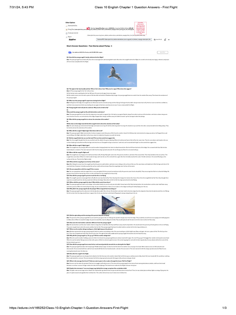 Class 10 English Chapter 1 Question Answers - First Flight | PDF | Airplane