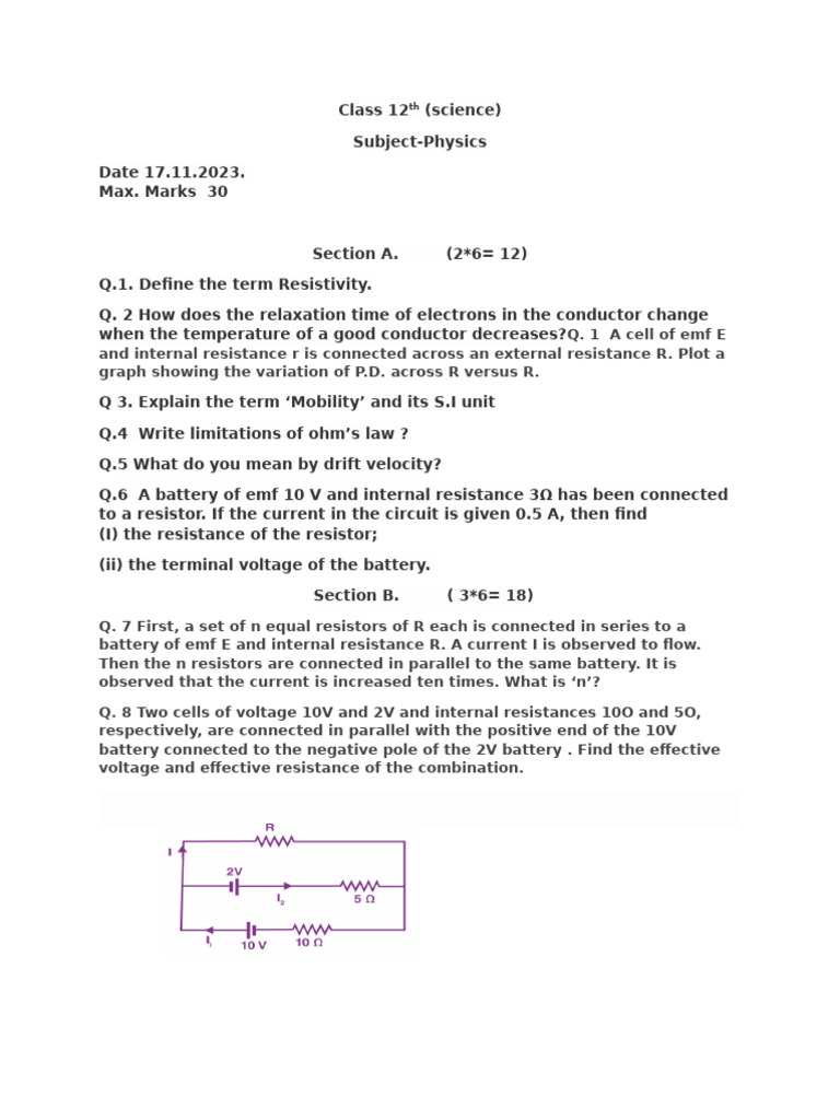 Physics Current Electricity Class 12th Subjective | PDF