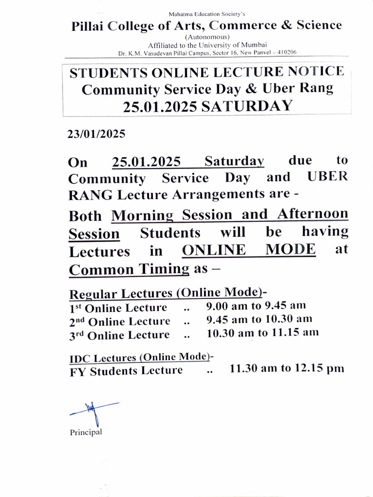 Students Lectures Notice - 25.01.2025 Saturday | PDF