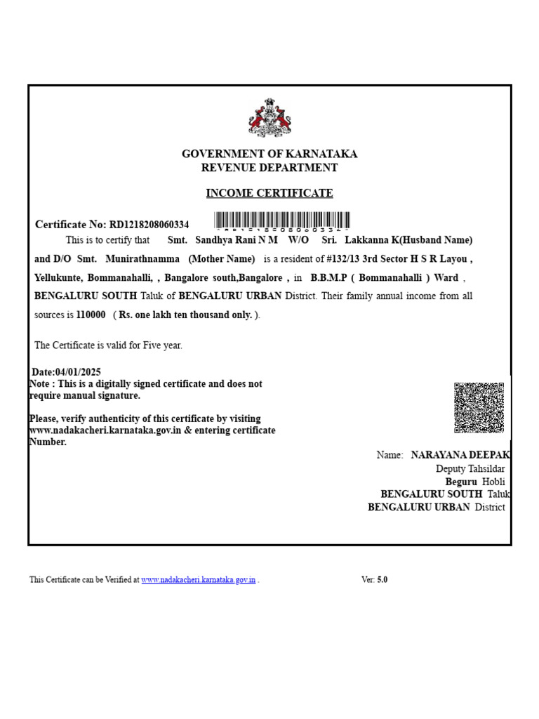 Sandya Rani Cast Certi | PDF