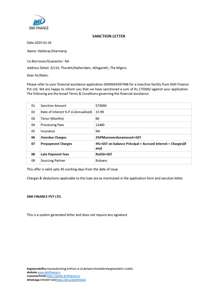 Sanction Letter | PDF