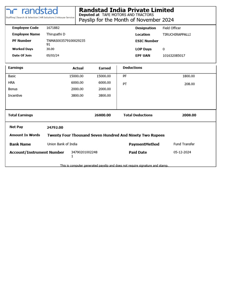 Payslip November 2024 | PDF