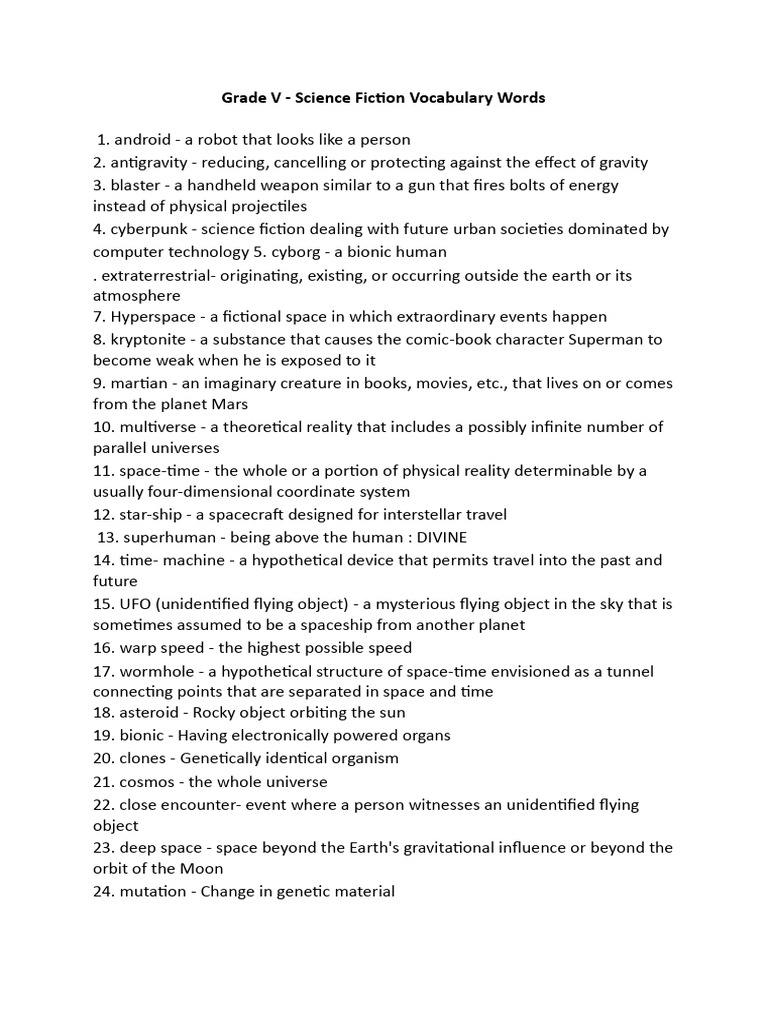 Science Fiction Vocabulary for Grade V | PDF | Outer Space | Spacecraft