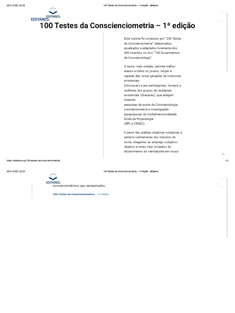 100 Testes Da Conscienciometria - 1 Edição - Editares | PDF