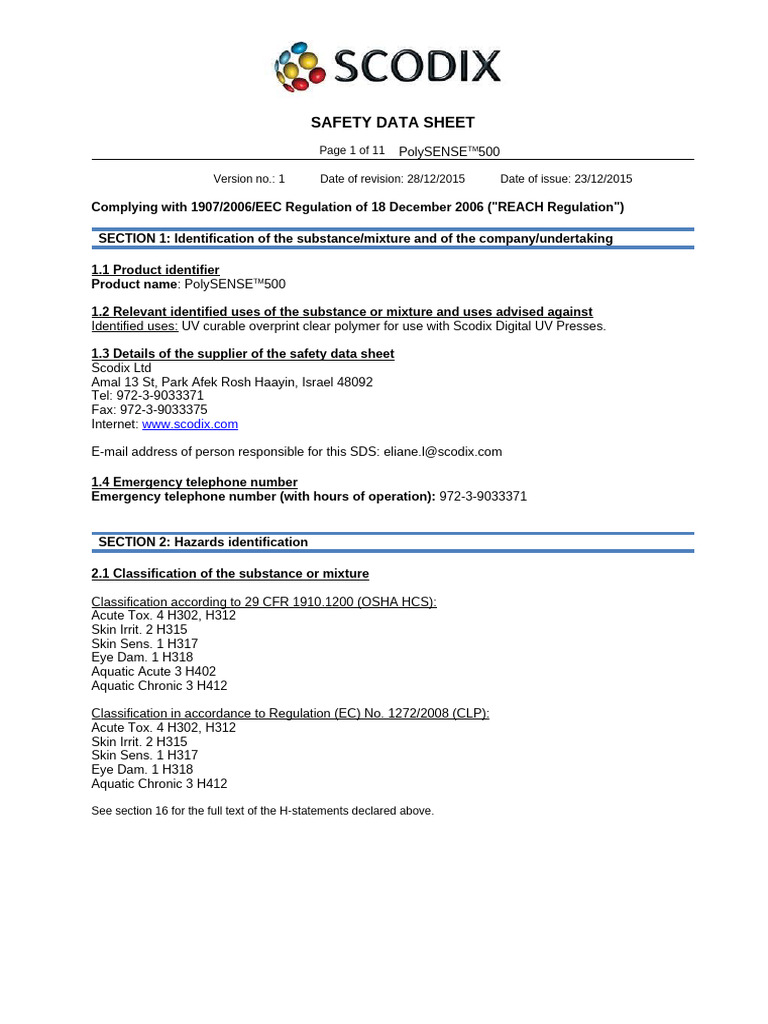PolySENSE 500 Safety Data Sheet | PDF | Toxicity | Personal Protective ...