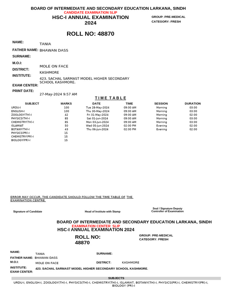 Exam Slip 423. SACHAL SARMAST MODEL HIGHER SECONDARY SCHOOL KASHMORE ...