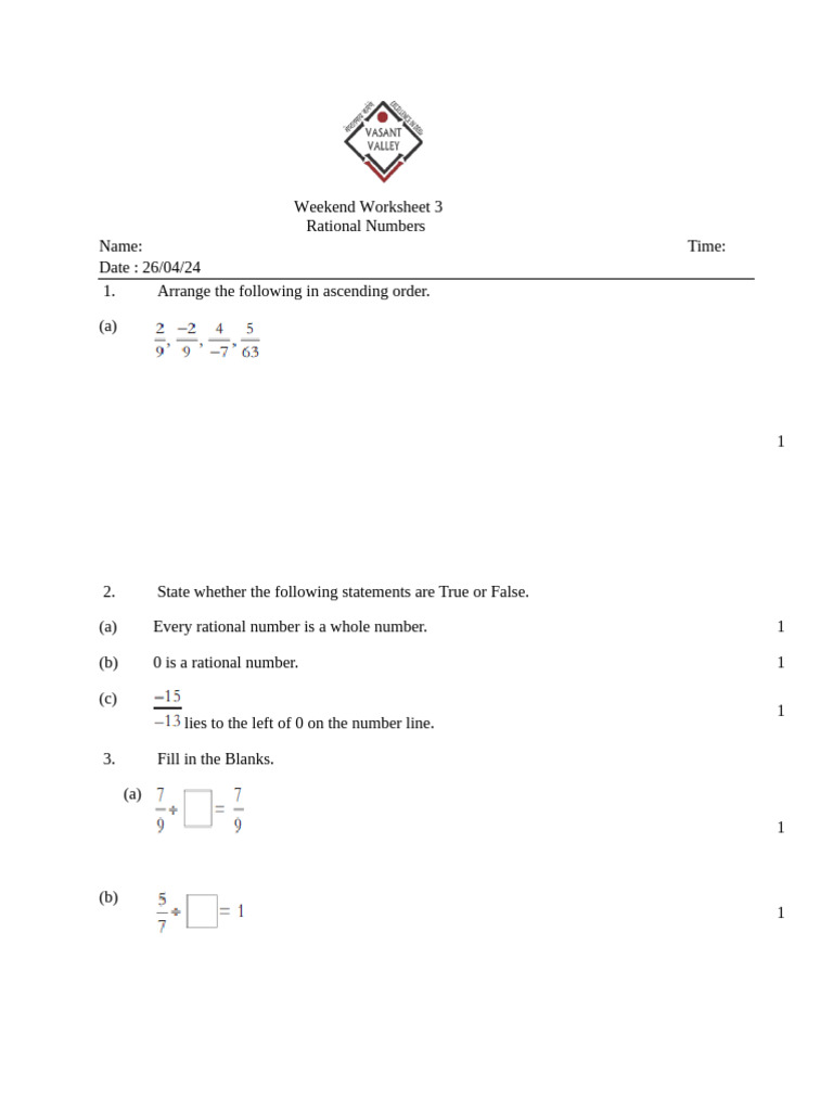 Rational Numbers Worksheet | PDF