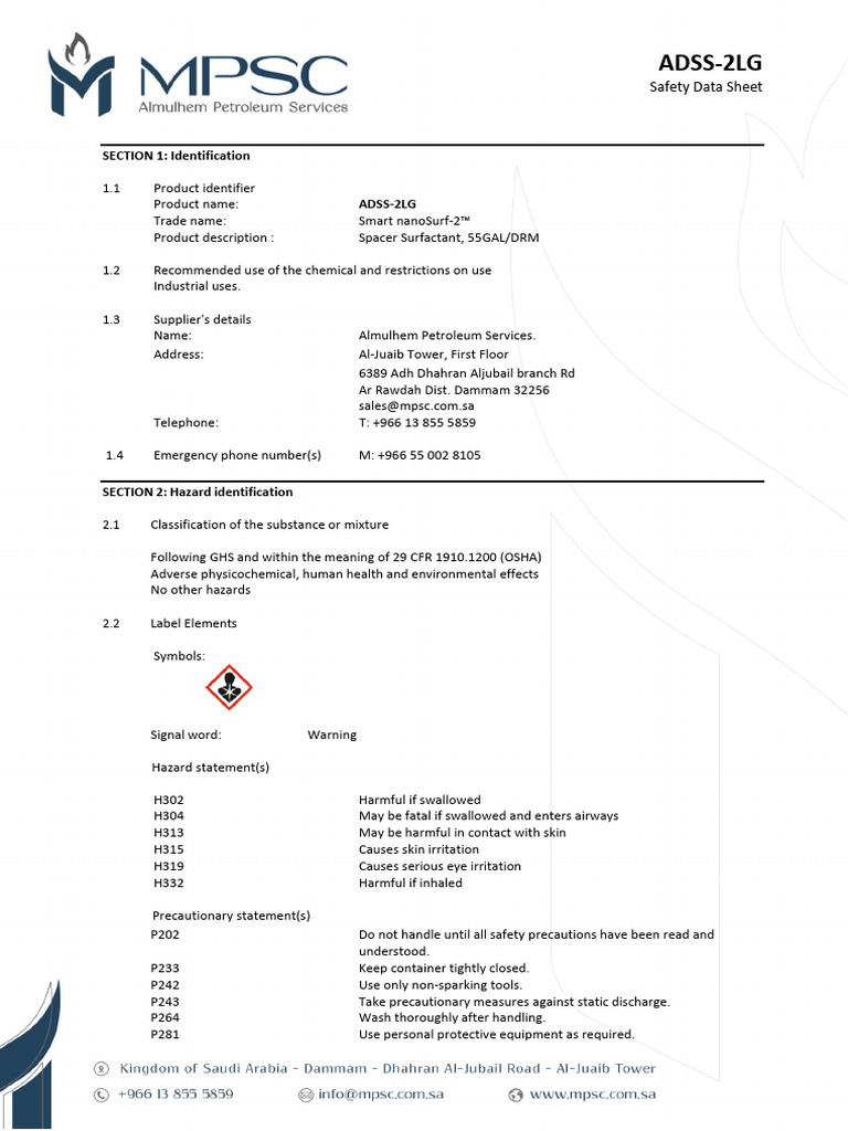 SDS ADSS-2LG (Smart Nanosurf-2) | PDF | Dangerous Goods | Toxicity