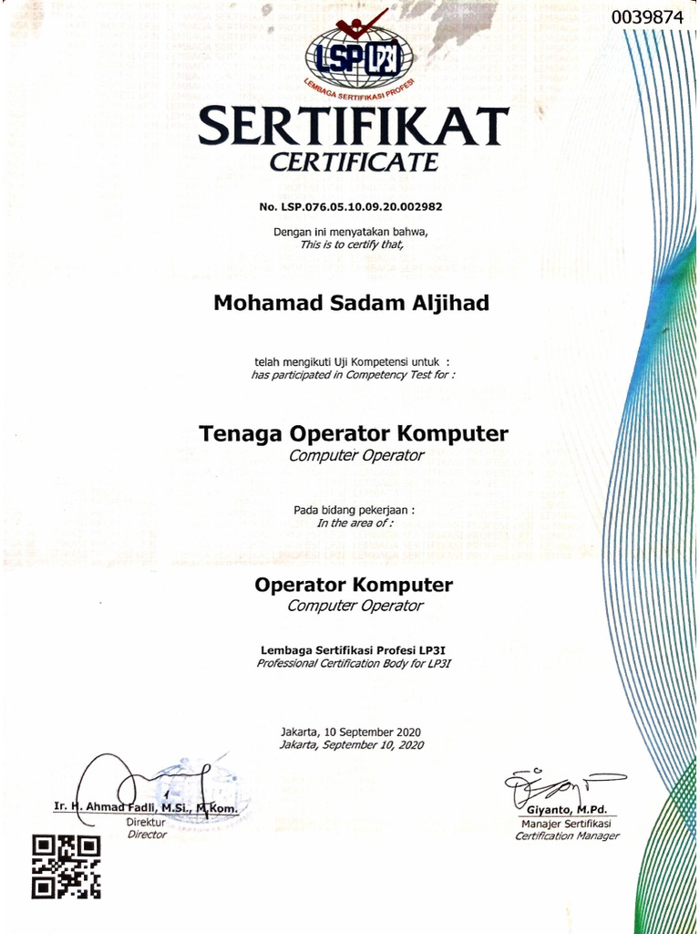Sertifikat Computer Operator | PDF
