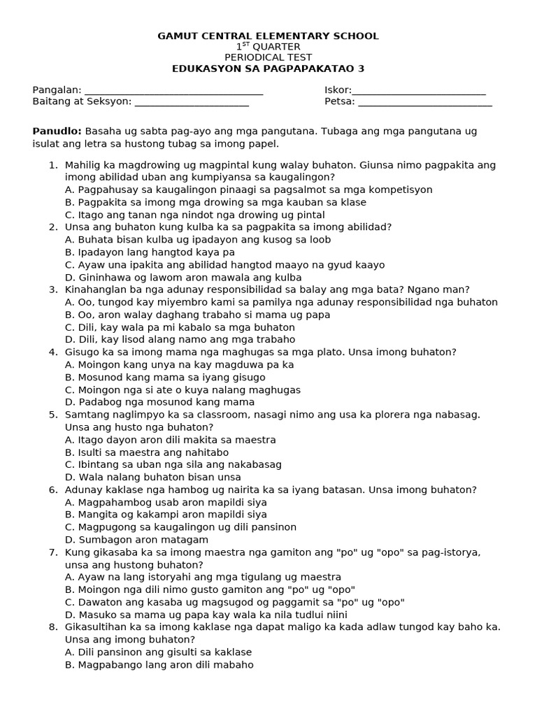 Esp3 Periodical Test Q1, Q2, Q3, Q4 | PDF