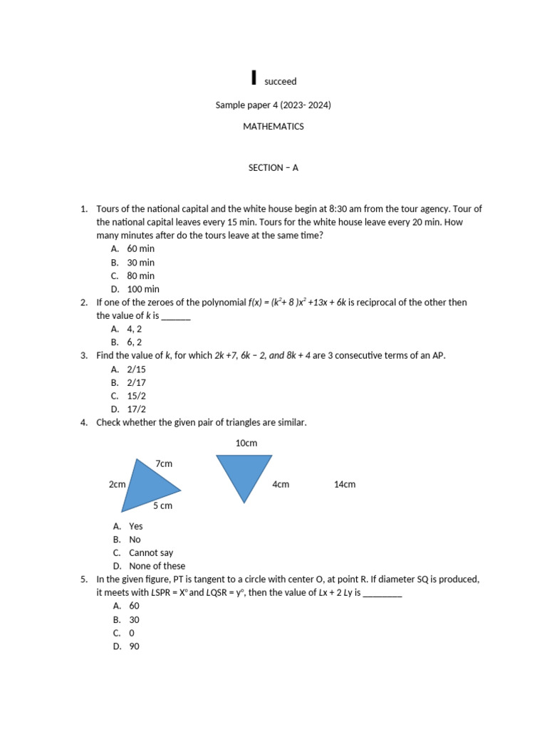 MATHEMATICS Sample paper 4 | PDF | Triangle | Zero Of A Function