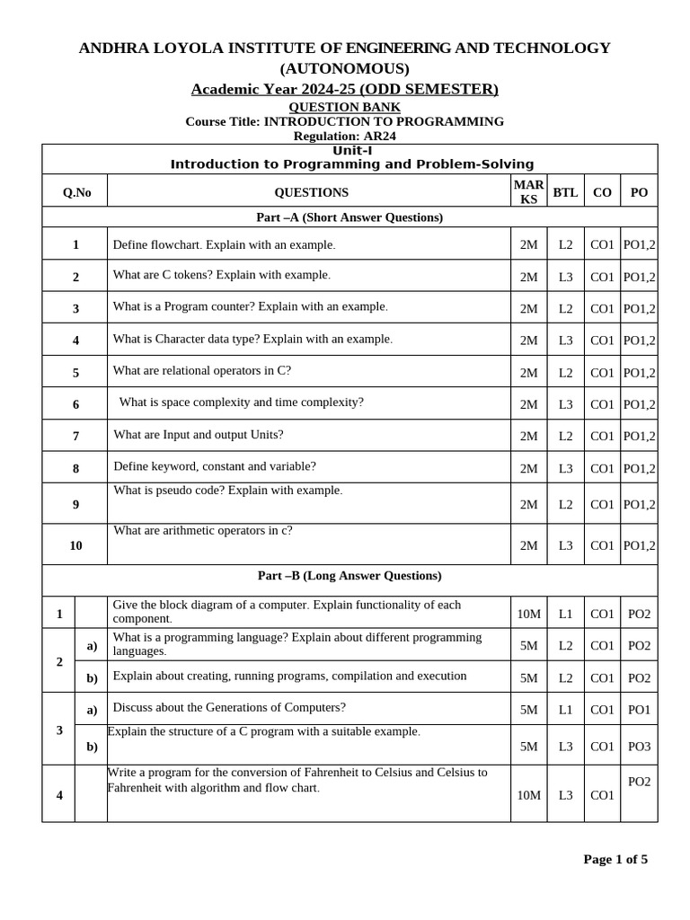 AR24 Question Bank for Cp - Unit 1 and 2[1] | PDF | Control Flow | Algorithms