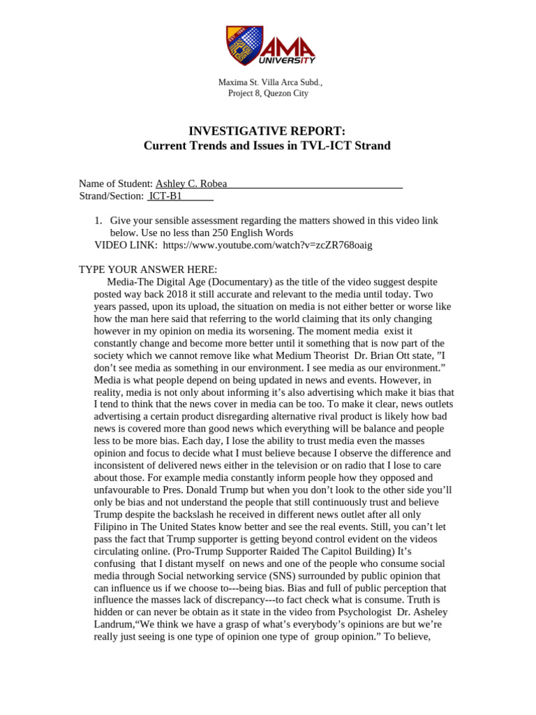 SHS Investigative Report - RSCH2122 - TVL-ICT TRACK | PDF | Educational ...