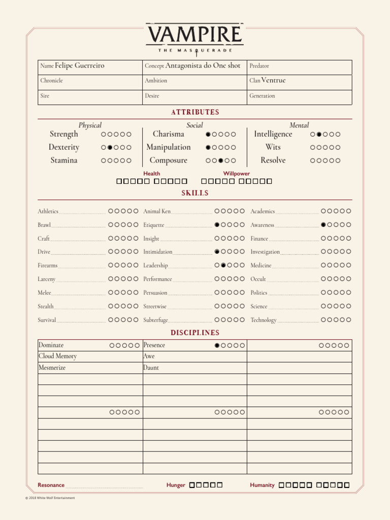 VTM Character Sheet Antagonista Do Oneshot | PDF